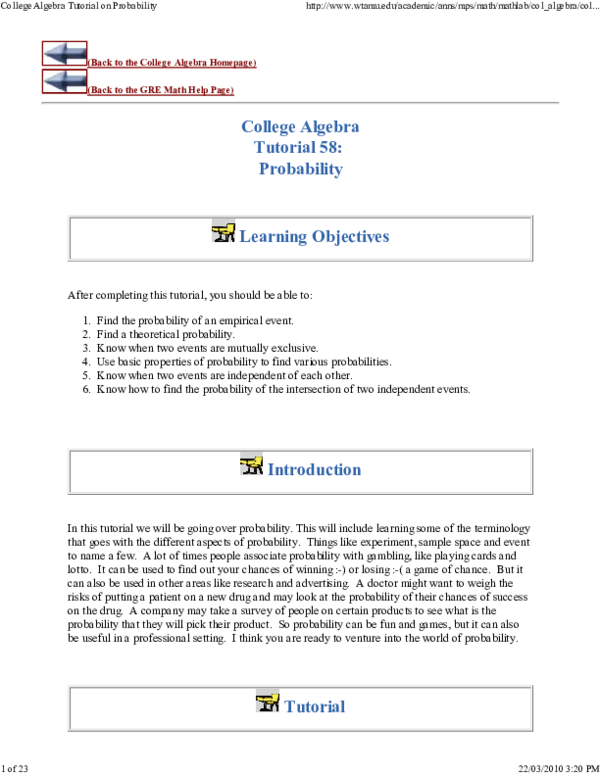 (PDF) College Algebra Tutorial 58: Probability Learning Objectives