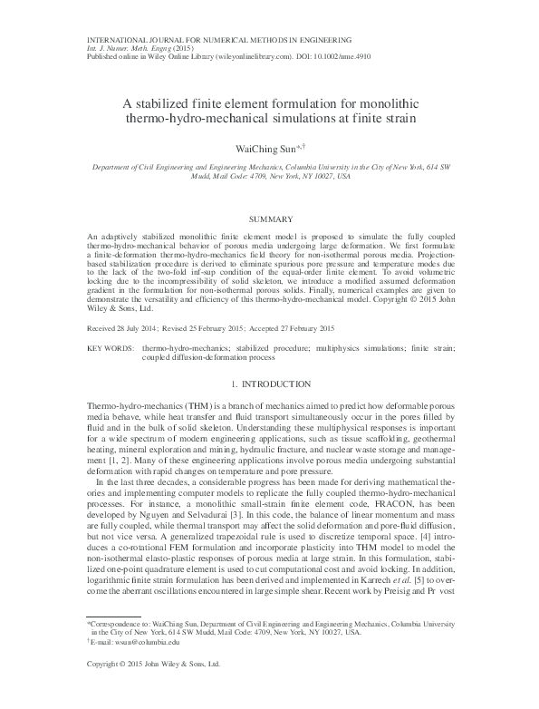 (PDF) A stabilized finite element formulation for monolithic thermo-hydro-mechanical simulations ...