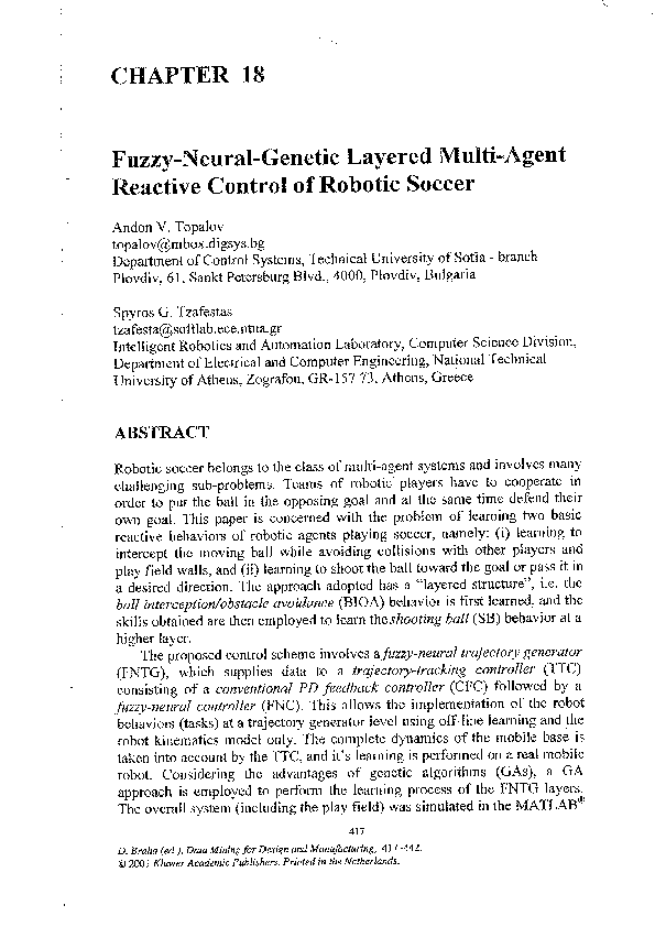 (PDF) Fuzzy-neural-genetic layered multi-agent reactive control of robotic soccer
