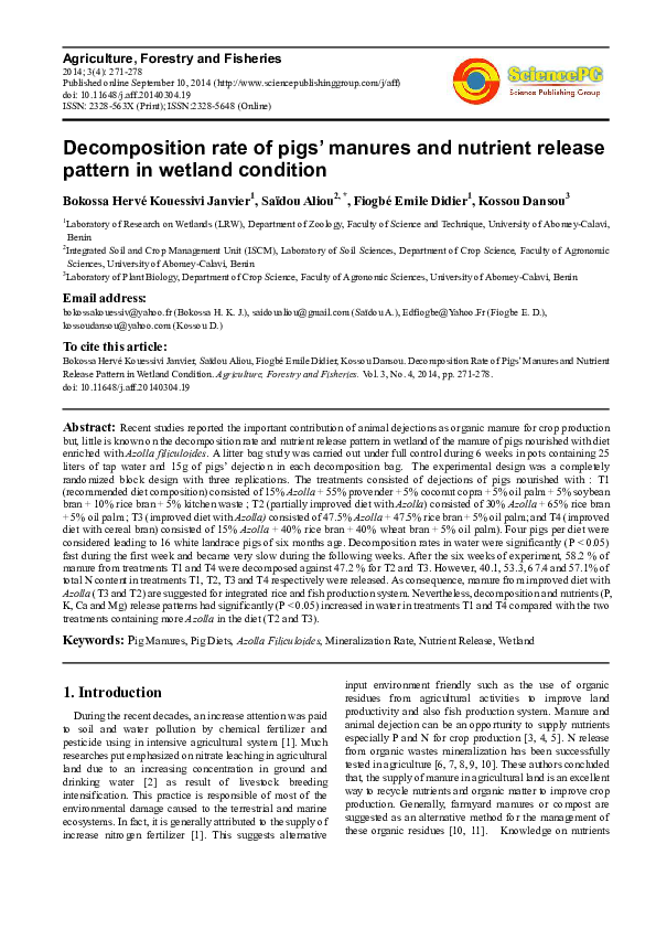 (PDF) Decomposition rate of pigs’ manures and nutrient release pattern in wetland condition