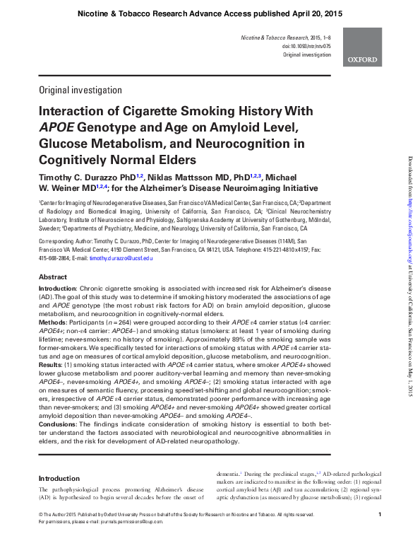 (PDF) Interaction of Cigarette Smoking History with APOE Genotype and ...
