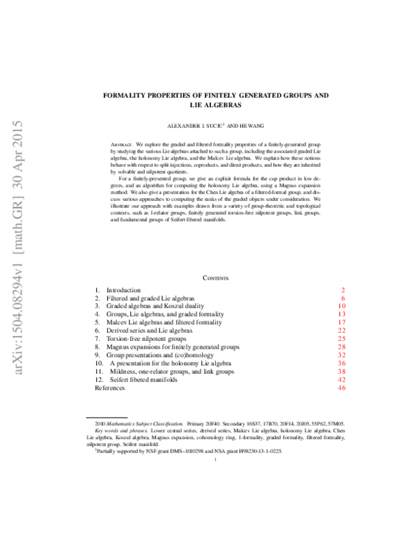 Pdf Formality Properties Of Finitely Generated Groups And Lie Algebras