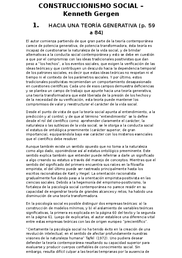 (DOC) Breve resumen de Construccionismo Social - Kenneth Gergen (cap. I)