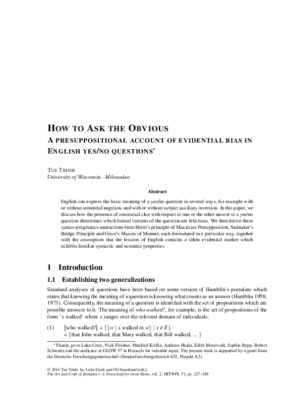 (PDF) How to ask the obvious - A presuppositional account of evidential ...