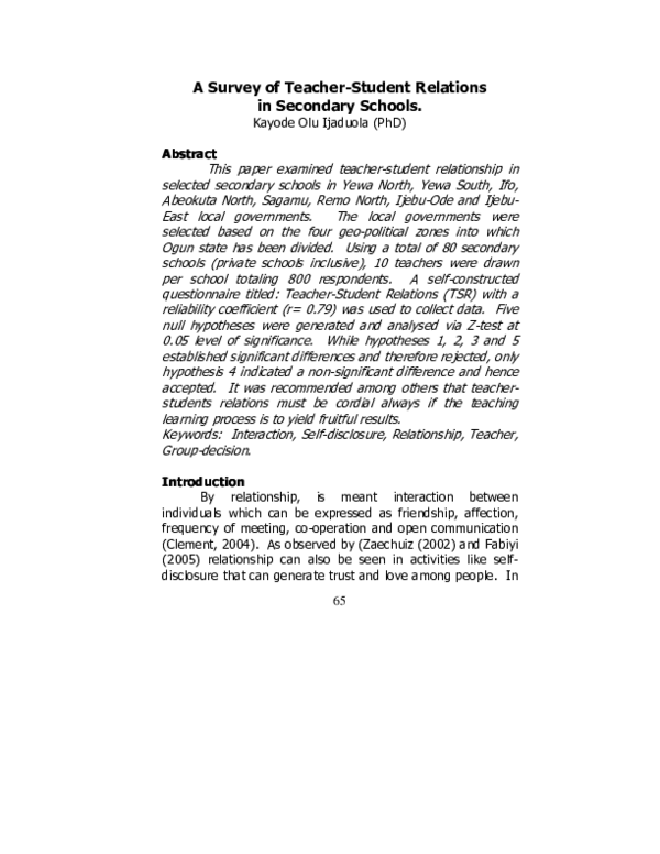 (PDF) A Survey of Teacher-Student Relations in Secondary Schools