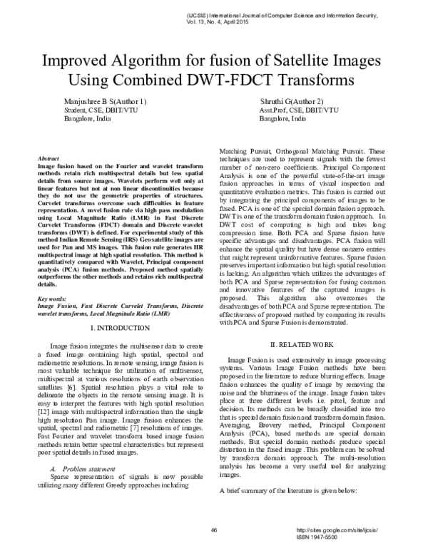 Pdf Improved Algorithm For Fusion Of Satellite Images Using Combined
