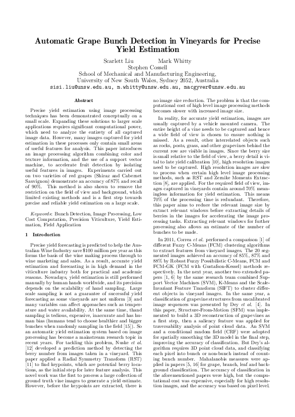 (PDF) Automatic Grape Bunch Detection in Vineyards for Precise Yield Estimation