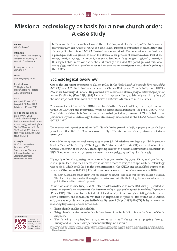 (PDF) CHURCH POLITY: MISSIONAL ECCLESIOLOGY AS BASIS FOR CHURCH POLITY