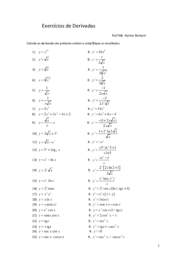 (PDF) Exercícios de Derivadas