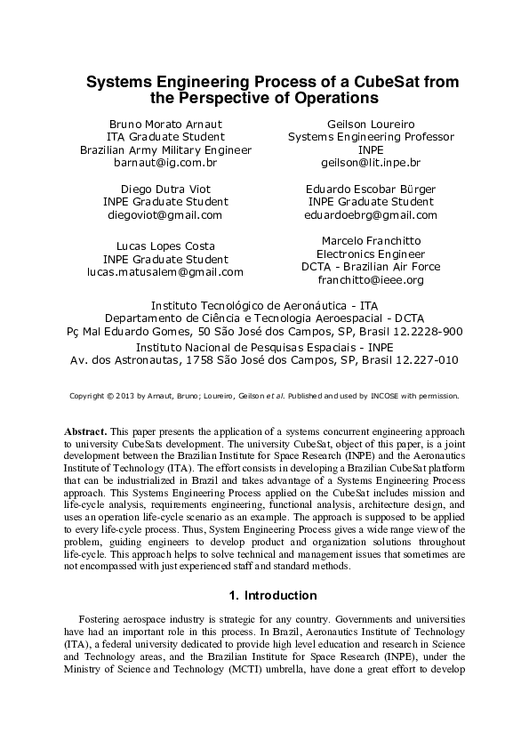 (PDF) Systems Engineering Process of a CubeSat from the Perspective of ...