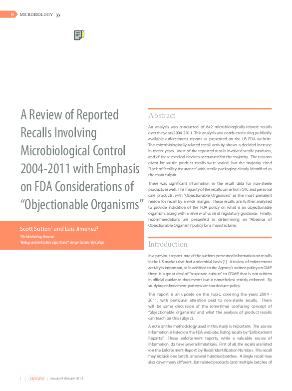 A Review of Reported Recalls Involving Microbiological Control 2004 ...