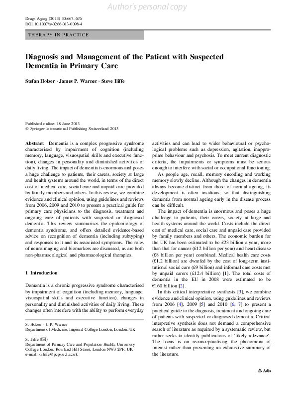 Diagnosis And Management Of The Patient With Suspected Dementia In Primary Care