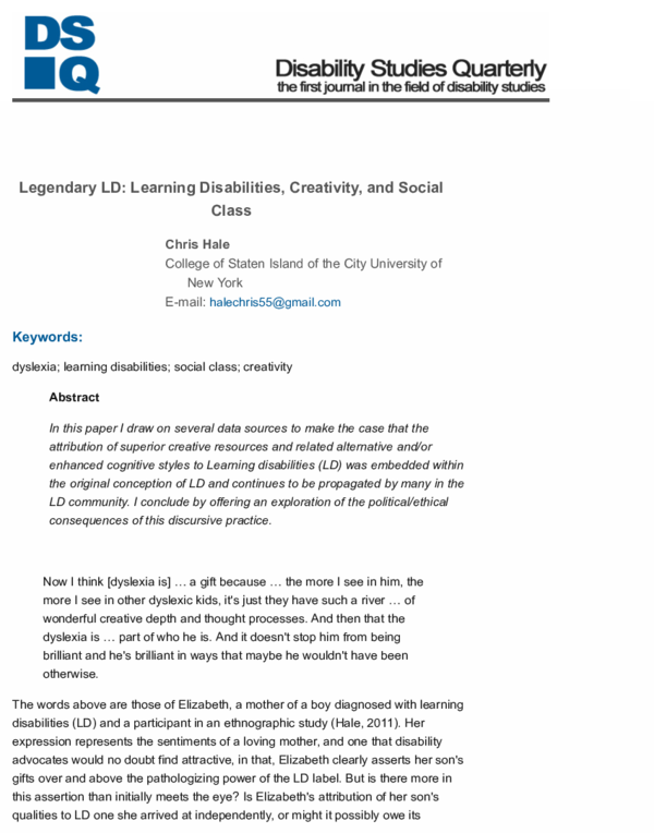 (PDF) Legendary LD: Learning Disabilities, Creativity, and Social Class