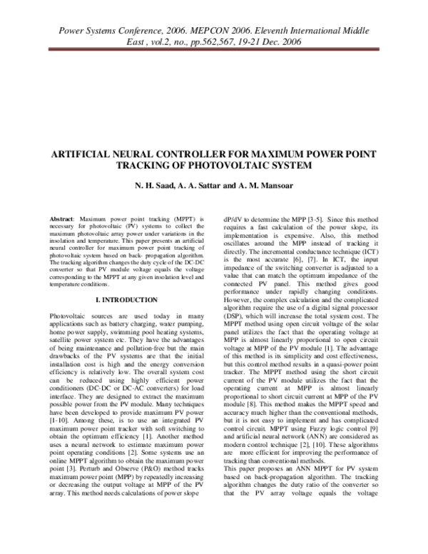 (PDF) ARTIFICIAL NEURAL CONTROLLER FOR MAXIMUM POWER POINT TRACKING OF PHOTOVOLTAIC SYSTEM