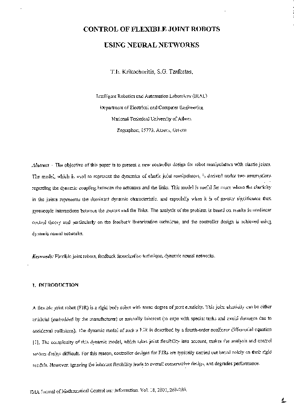 Pdf Control Of Flexible Joint Robots Using Neural Networks