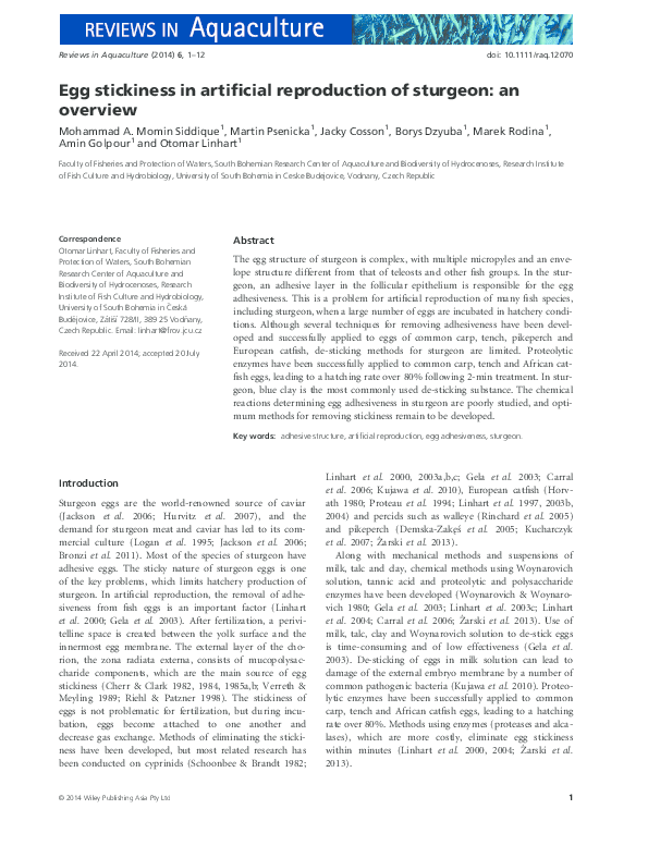 Egg stickiness in artificial reproduction of sturgeon: an overview