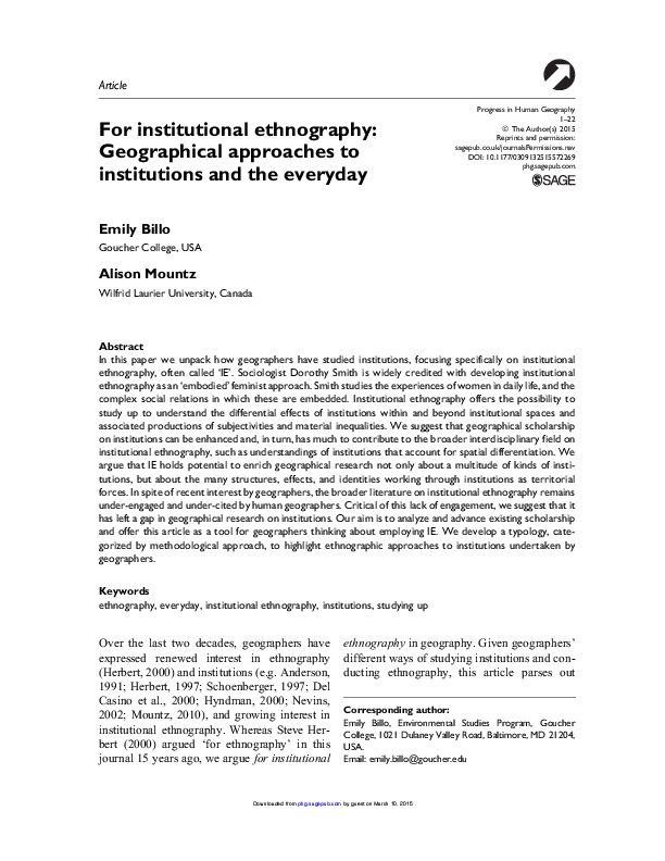 (PDF) For institutional ethnography: geographical approaches to ...