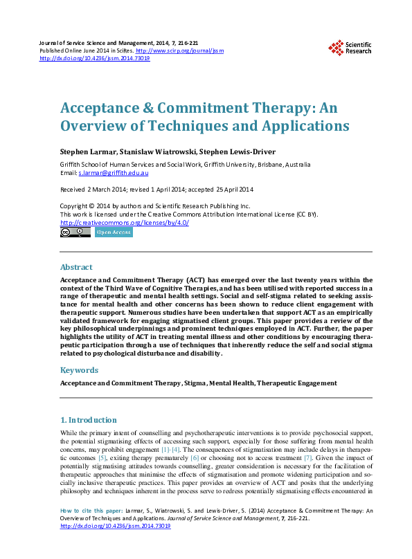 (PDF) Acceptance & Commitment Therapy: An Overview of Techniques and ...