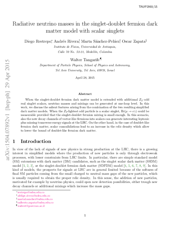(PDF) Radiative neutrino masses in the singlet-doublet fermion dark matter model with scalar ...