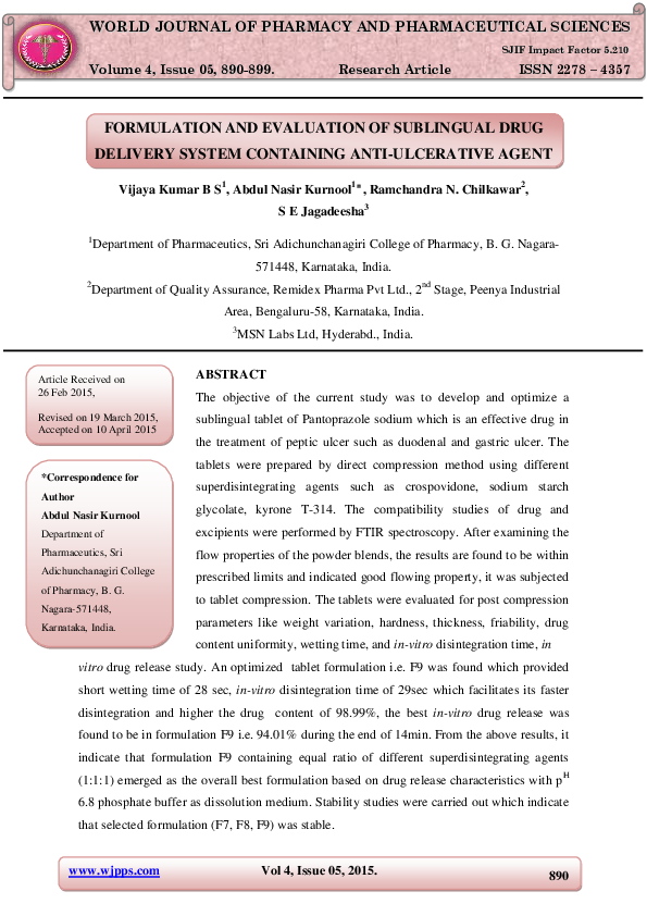 Pdf Formulation And Evaluation Of Sublingual Drug Delivery System Containing Anti Ulcerative Agent