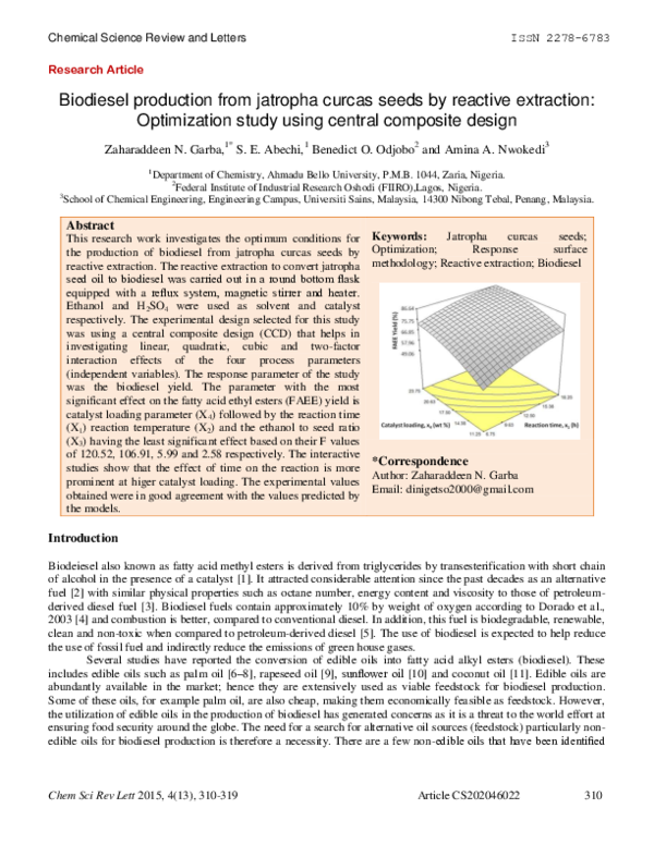 (PDF) Biodiesel production from jatropha curcas seeds by reactive ...