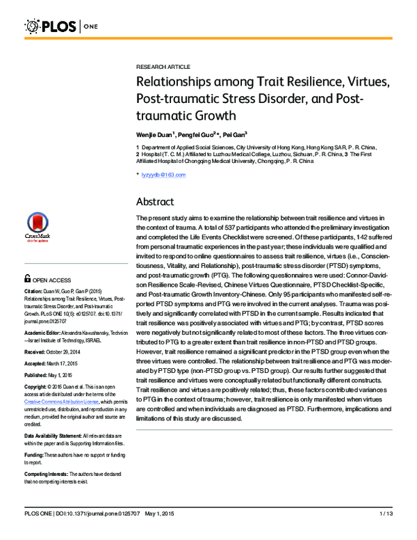 (PDF) Relationships among Trait Resilience, Virtues, Post-traumatic ...