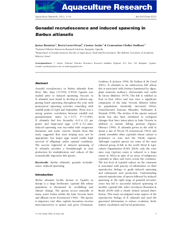 (PDF) Gonadal recrudescence and induced spawning in Barbus altianalis