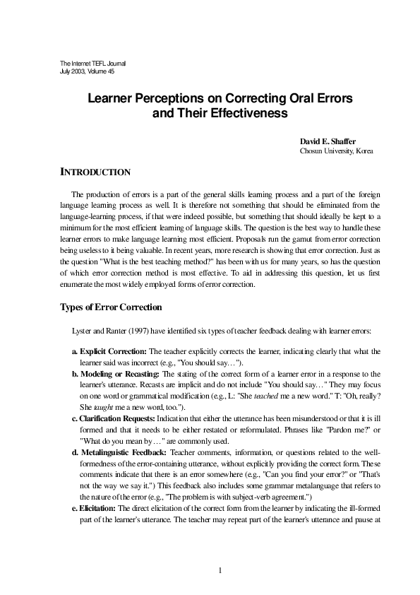 Learner Perceptions on Correcting Oral Errors and Their Effectiveness