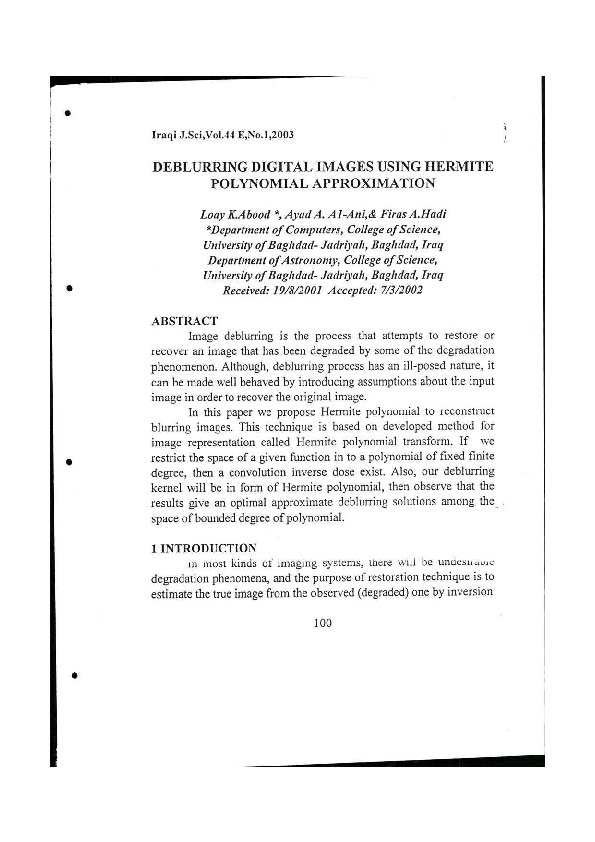 Pdf Deblurring Digital Images Using Hermite Polynomial Approximation