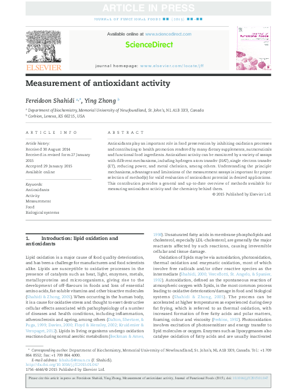 Pdf Measurement Of Antioxidant Activity