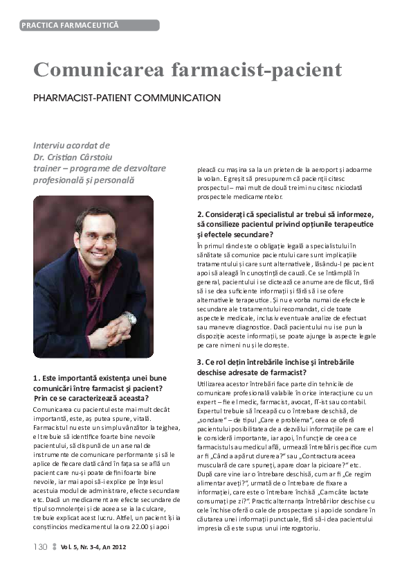 (PDF) Comunicarea farmacist-pacient PHARMACIST-PATIENT COMMUNICATION