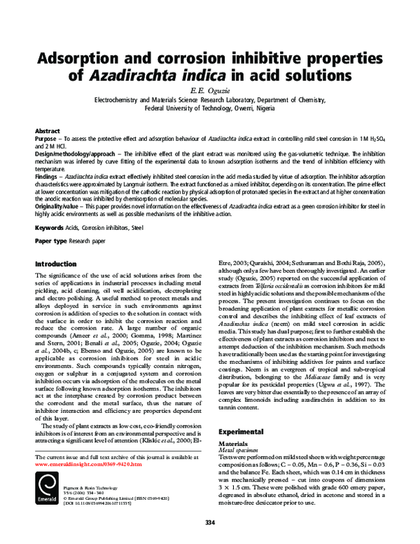 (PDF) Adsorption and corrosion inhibitive properties of ITAzadirachta indica/IT in acid solutions