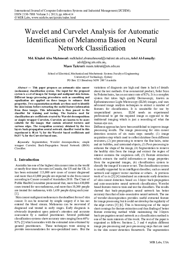 (PDF) Wavelet and Curvelet Analysis for Automatic Identification of Melanoma Based on Neural ...