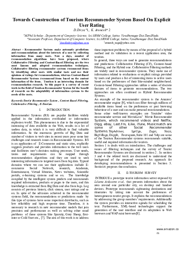 Doc Towards Construction Of Tourism Recommender System Based On Explicit User Rating