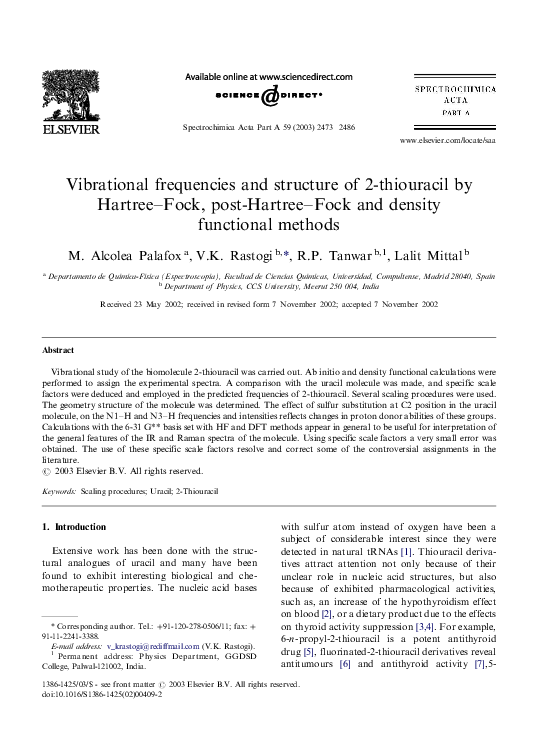 (PDF) Vibrational frequencies and structure of 2-thiouracil by Hartree-Fock, post-Hartree-Fock ...