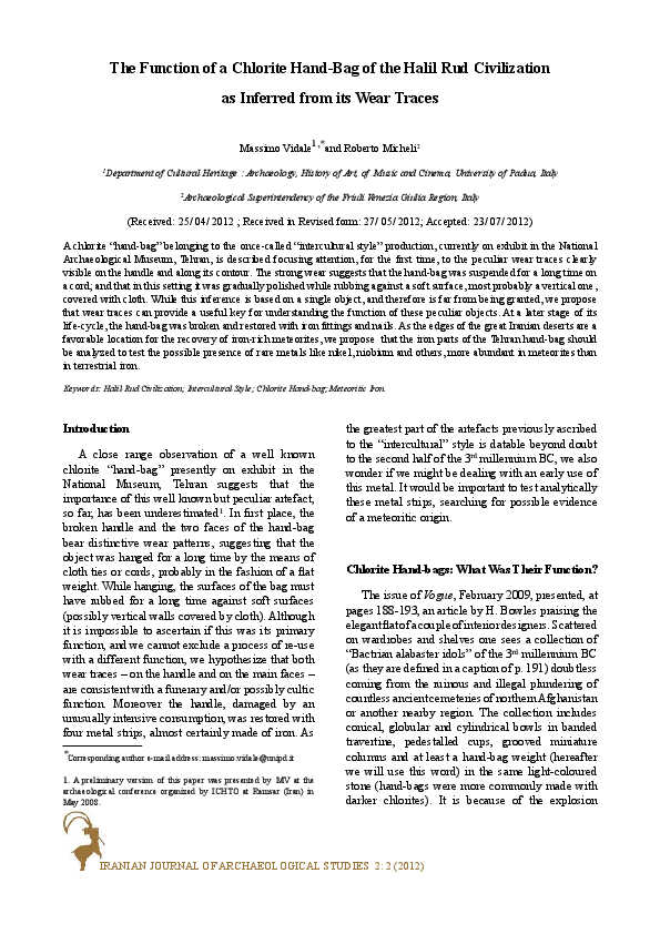 (PDF) M. Vidale, R. Micheli, The Function of a Chlorite Hand-Bag of the ...