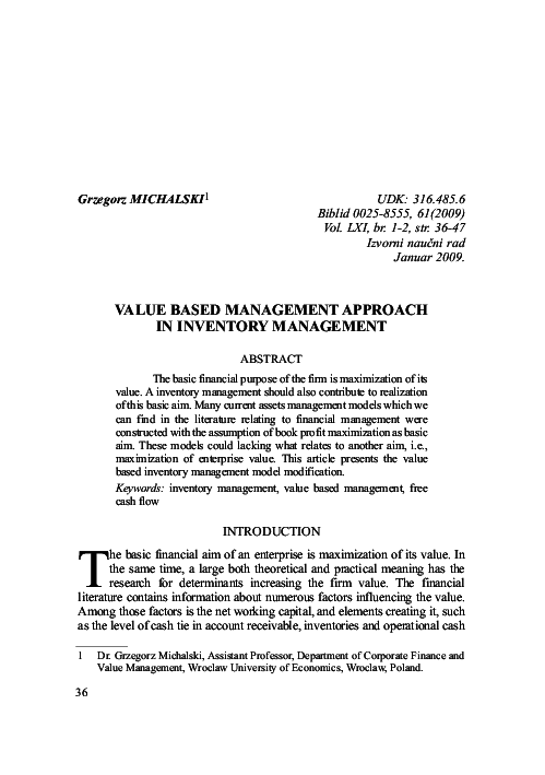 (PDF) Value Based Management Approach in Inventory Management