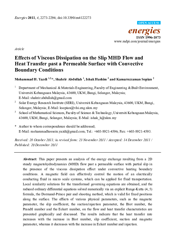(PDF) Effects of Viscous Dissipation on the Slip MHD Flow and Heat Transfer past a Permeable ...