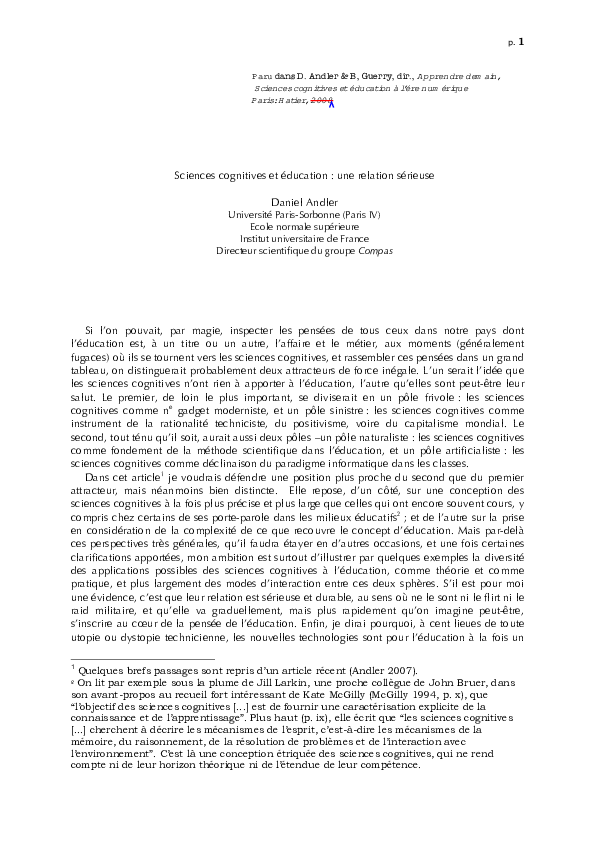 (PDF) Sciences cognitives et éducation : une relation sérieuse