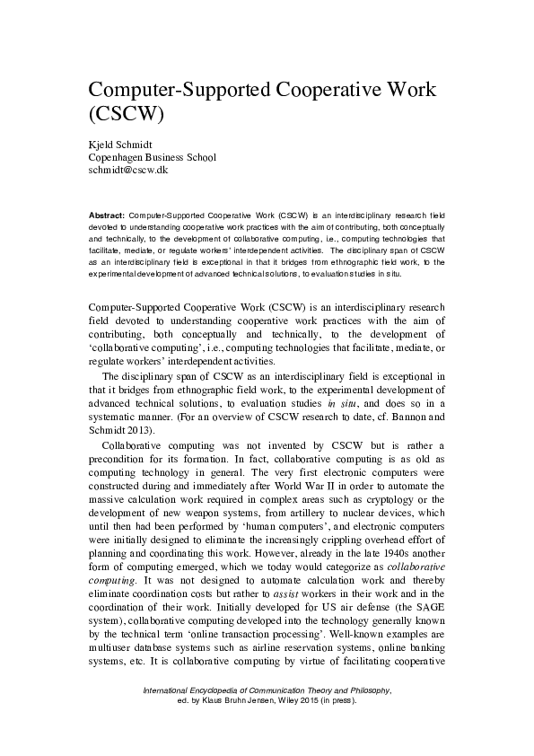 Pdf Computer Supported Cooperative Work Cscw