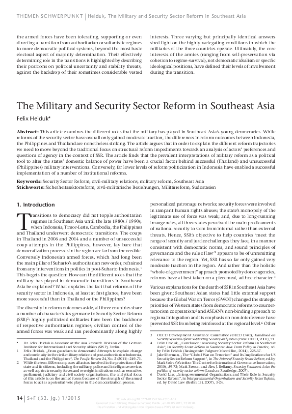 (PDF) The Military and Security Sector Reform in Southeast Asia