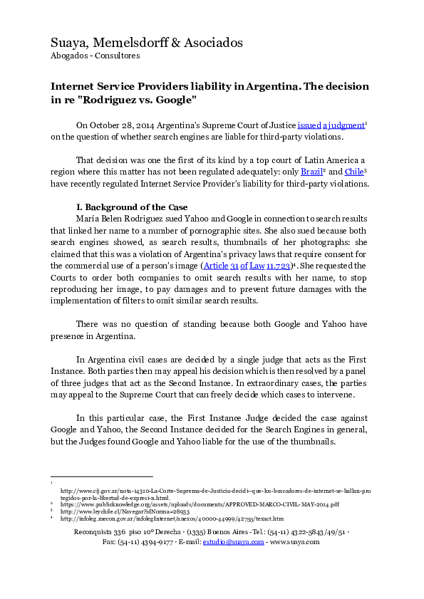 (PDF) Internet Service Providers Liability in Argentina: The Decision ...