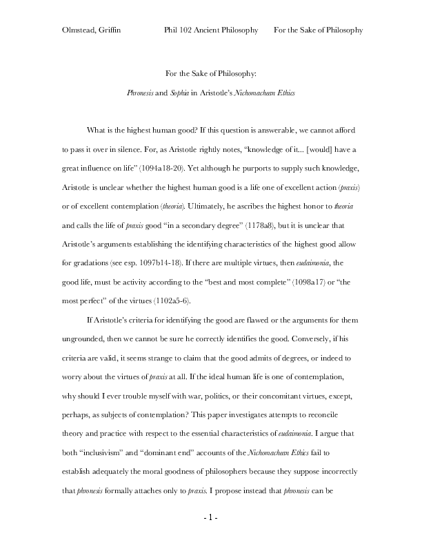 (PDF) For the Sake of Philosophy: Phronesis and Sophia in Aristotle's Nichomachean Ethics