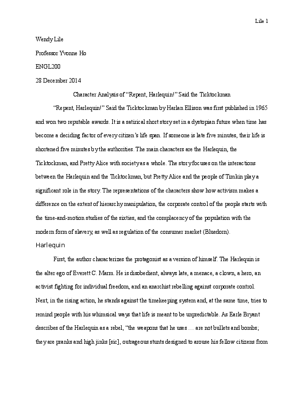 Character Analysis of “Repent, Harlequin!” Said the Ticktockman