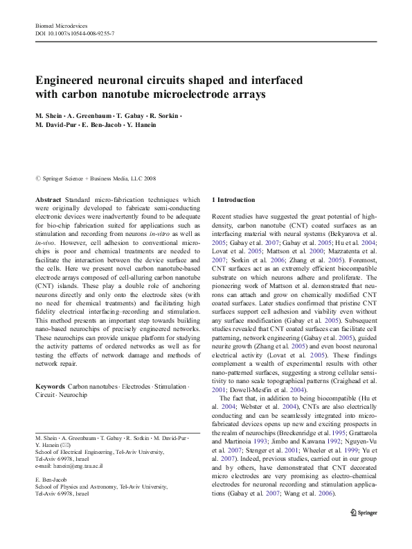 Pdf Engineered Neuronal Circuits Shaped And Interfaced With Carbon Nanotube Microelectrode Arrays
