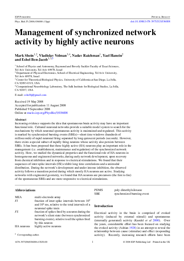(PDF) Management of synchronized network activity by highly active neurons