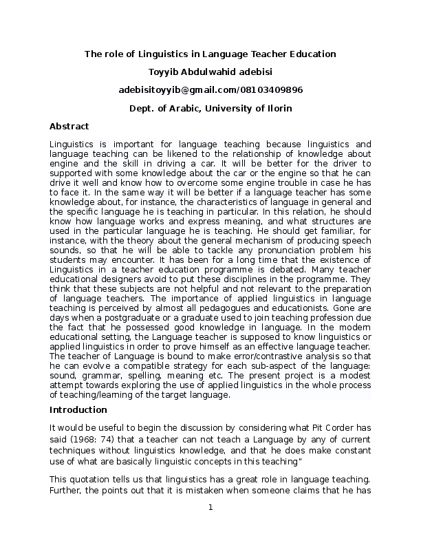 (DOC) The Role of Linguistics in Language Teacher Education