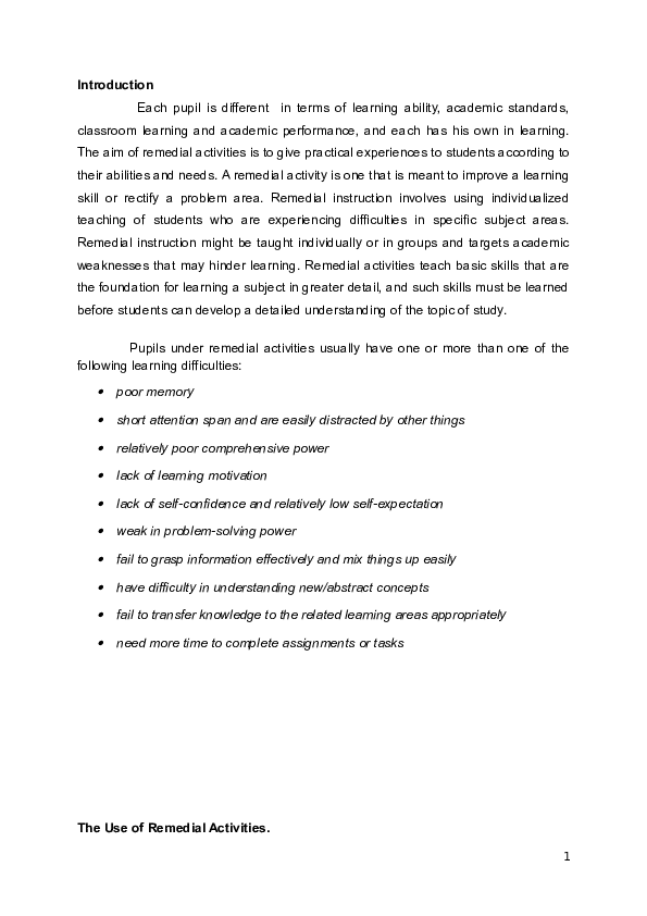 (DOC) A remedial activity is one that is meant to improve a learning ...