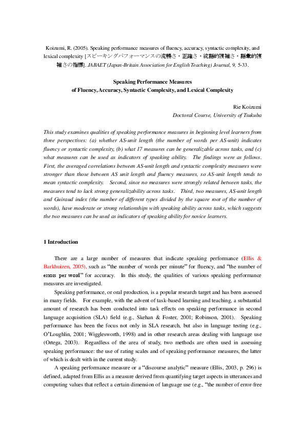 Pdf Speaking Performance Measures Of Fluency Accuracy Syntactic Complexity And Lexical