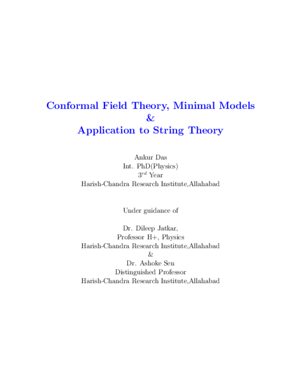 Pdf Conformal Field Theory Minimal Models And Application To String Theory